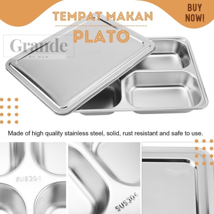 Plato Food Tray tempat makan piring sekat 5 stainless dengan tutup ...