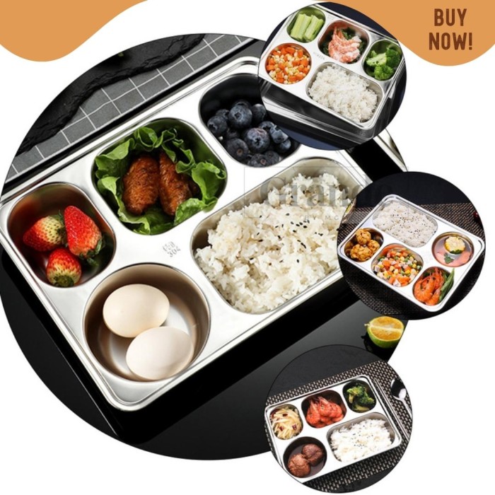 Plato Food Tray tempat makan piring sekat 5 stainless dengan tutup ...