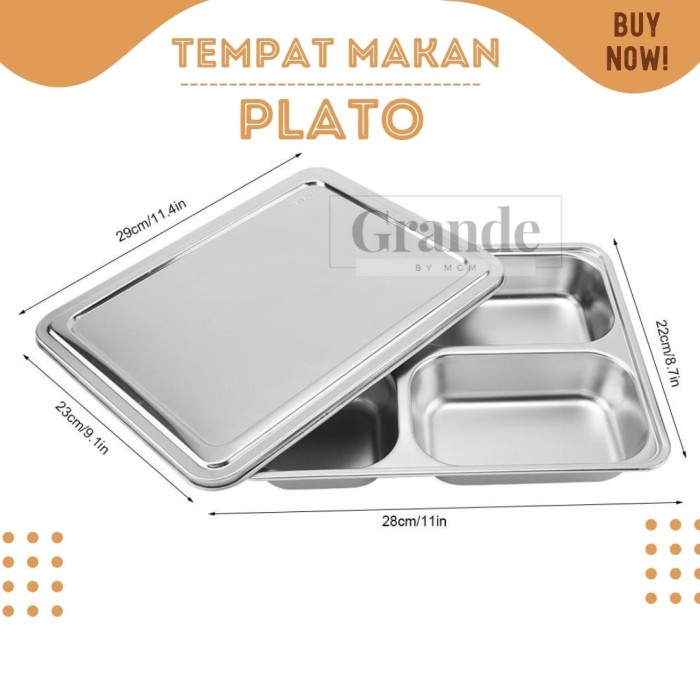 Plato Food Tray tempat makan piring sekat 5 stainless dengan tutup ...
